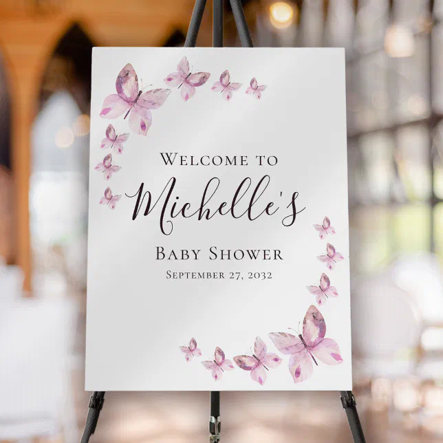 Pink Butterflies Baby Shower Welcome Sign | Zazzle