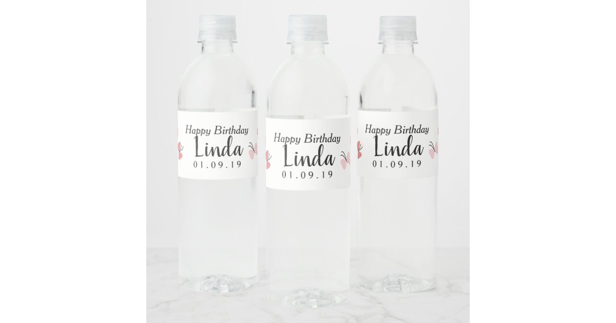 Pink Butterflies Happy Birthday Water Bottle Label | Zazzle