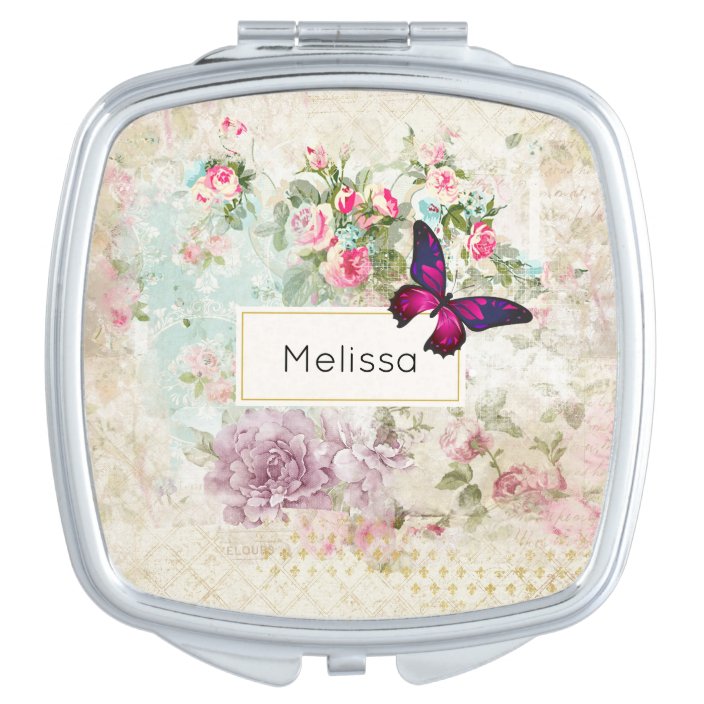 Pink Butterfly and Shabby Vintage Roses Compact Mirror | Zazzle.com