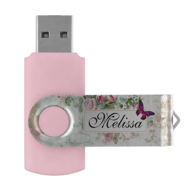 Pink Butterfly and Shabby Vintage Roses Custom Flash Drive | Zazzle