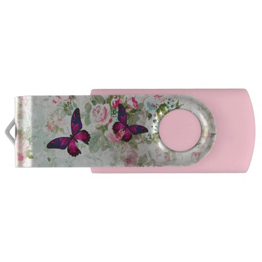Pink Butterfly and Shabby Vintage Roses Custom Flash Drive | Zazzle