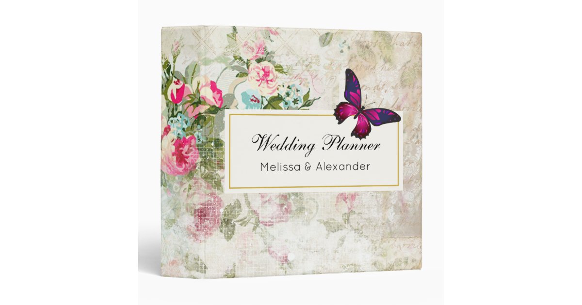 Pink Butterfly and Shabby Vintage Roses Wedding 3 Ring Binder | Zazzle