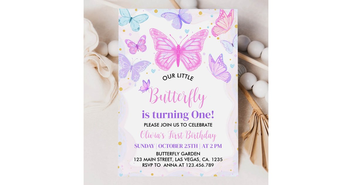 Pink Butterfly First Birthday Invitation | Zazzle