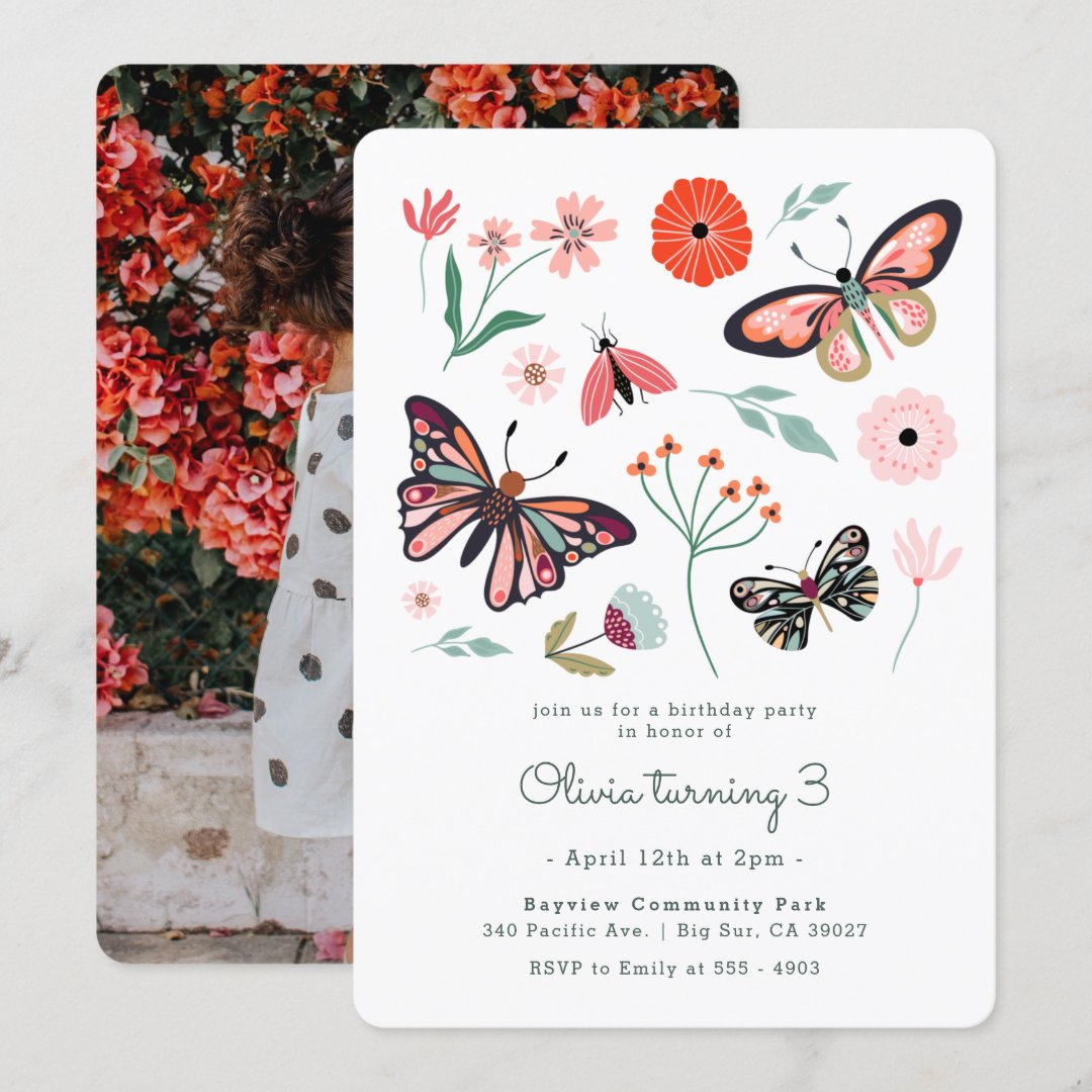 Pink Butterfly Flower Birthday Invitation | Zazzle