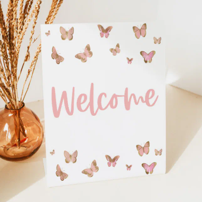 Pink Butterfly Mini Welcome Table Party Sign | Zazzle
