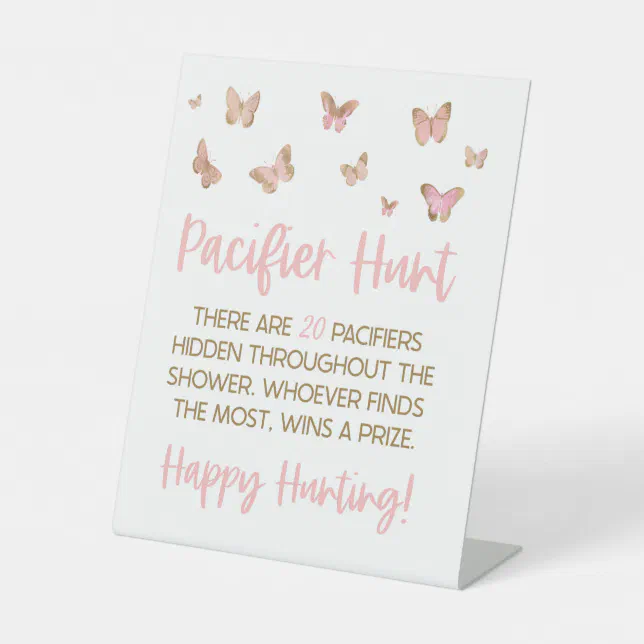 Pink Butterfly Pacifier Hunt Baby Shower Game Pedestal Sign | Zazzle