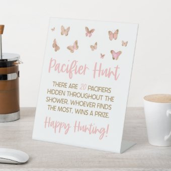 Pink Butterfly Pacifier Hunt Baby Shower Game Pedestal Sign | Zazzle