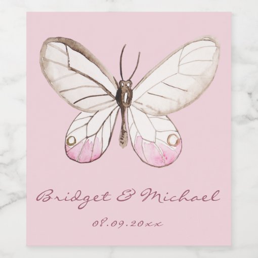 Pink Butterfly Personalized Wedding Wine Label | Zazzle