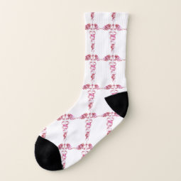 Pink Caduceus Medical Symbol White Socks | Zazzle
