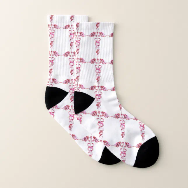 Pink Caduceus Medical Symbol White Socks | Zazzle