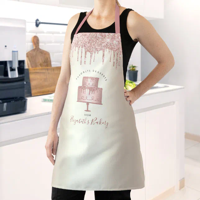 Pink Cake Bakery Chef Glitter Drips Script Gold Apron | Zazzle