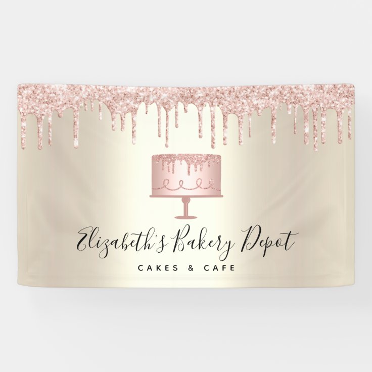 Pink Cake Bakery Chef Glitter Drips Script Gold Banner | Zazzle