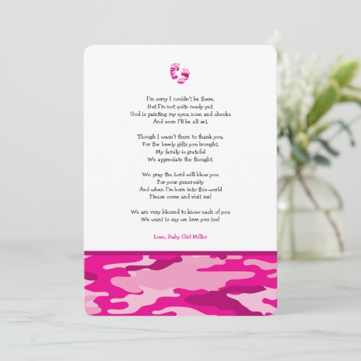 Pink Camo girl poem baby shower thank you note Invitation | Zazzle