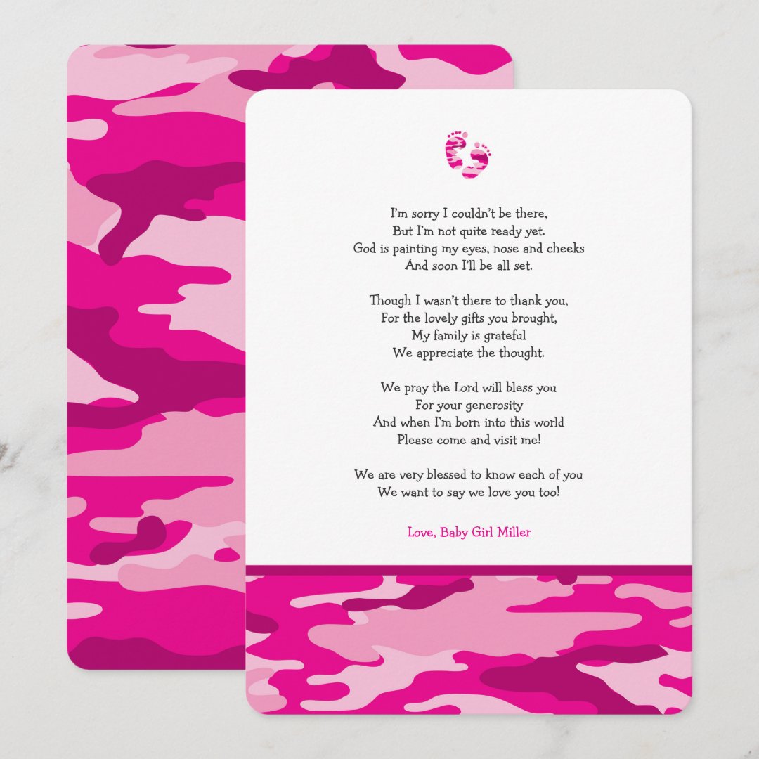 Pink Camo girl poem baby shower thank you note Invitation | Zazzle