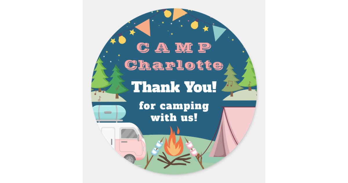 Pink Camping Birthday Party Thank You Classic Round Sticker | Zazzle