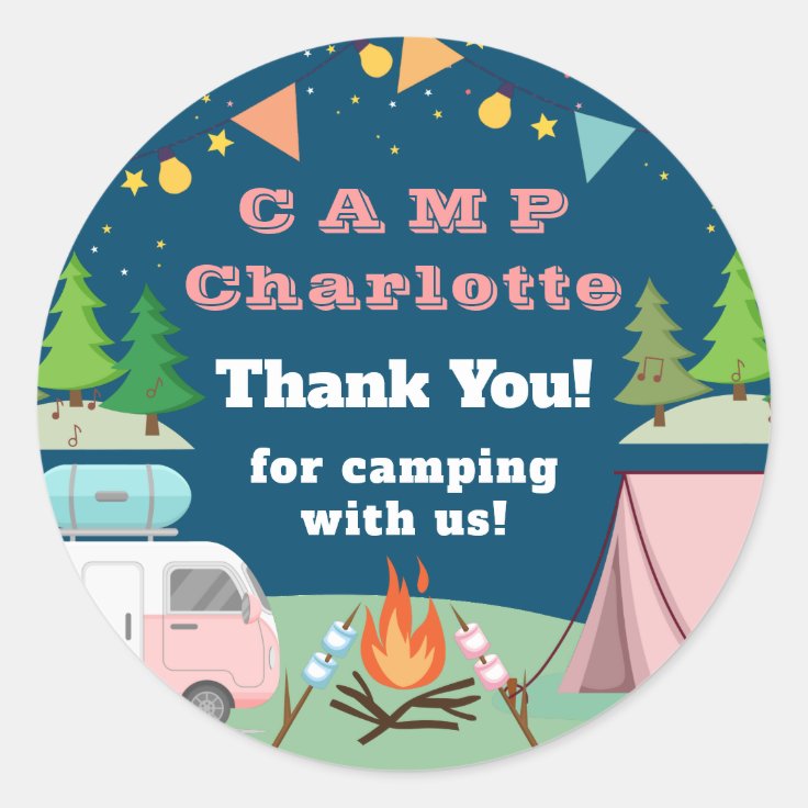 Pink Camping Birthday Party Thank You Classic Round Sticker | Zazzle