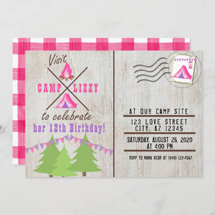 Pink Camping Wood Flannel Post Card Birthday | Zazzle