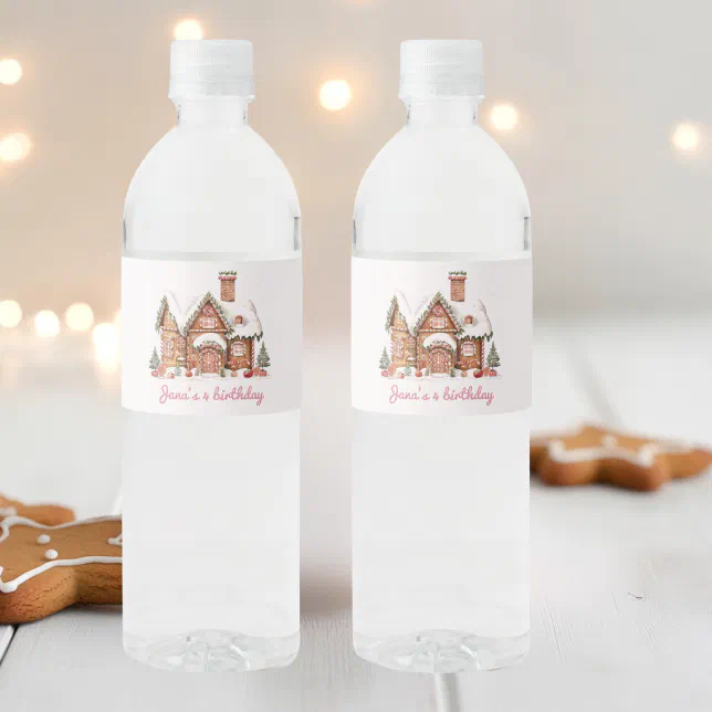 "Pink Candy Gingerbread House Birthday Water Bottle Label | Zazzle