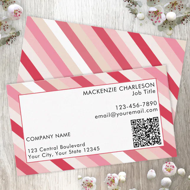 Pink Candy Stripe QR Code Business Card | Zazzle