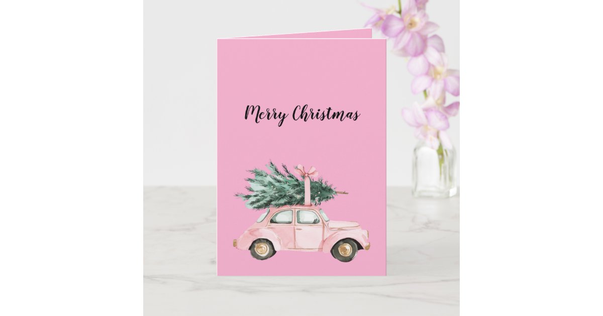 Pink Car Christmas Tree Card | Zazzle