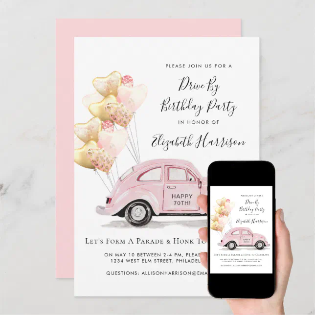 Pink Car Drive By Birthday Party Invitation | Zazzle