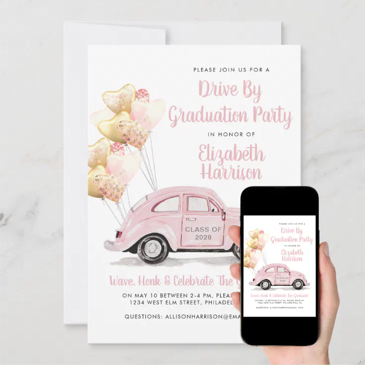 Pink Car Drive By Graduation Party Invitation | Zazzle