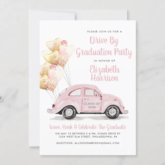 Pink Car Drive By Graduation Party Invitation | Zazzle