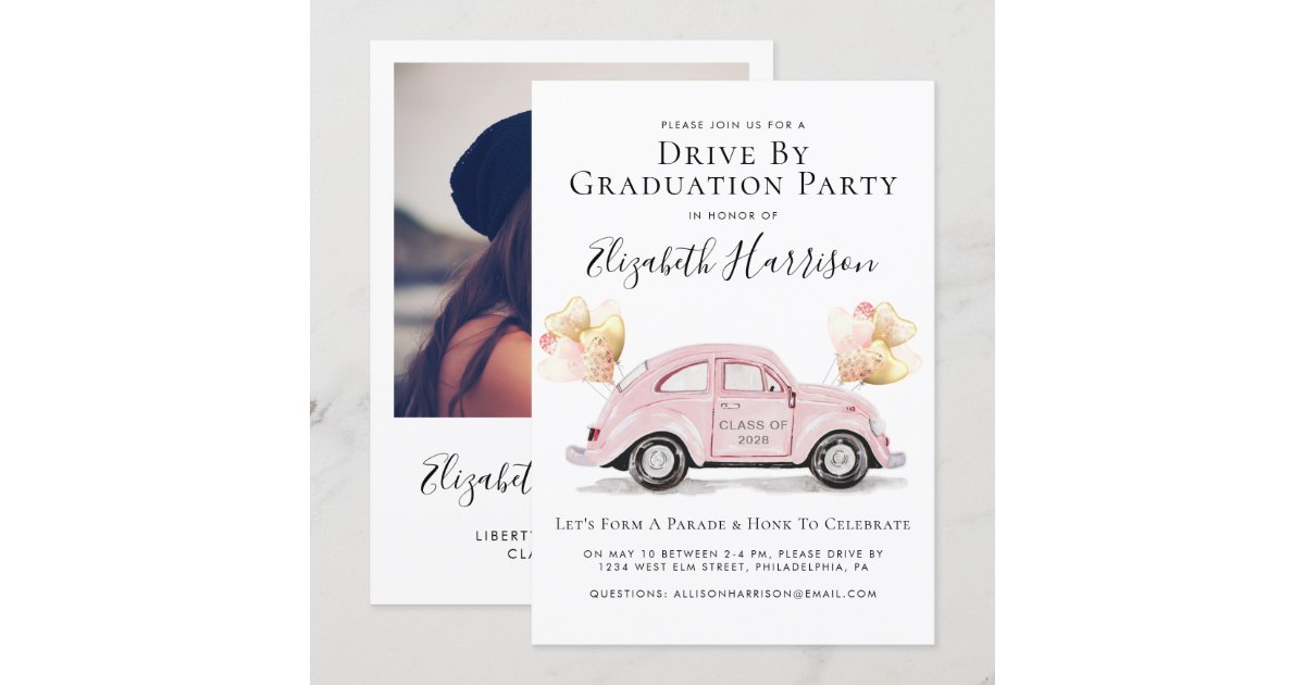 Pink Car Graduation Drive By Party Invitation | Zazzle