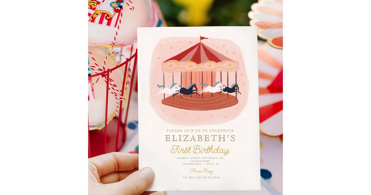 Pink Carousel Carnival Circus First Birthday Invitation | Zazzle