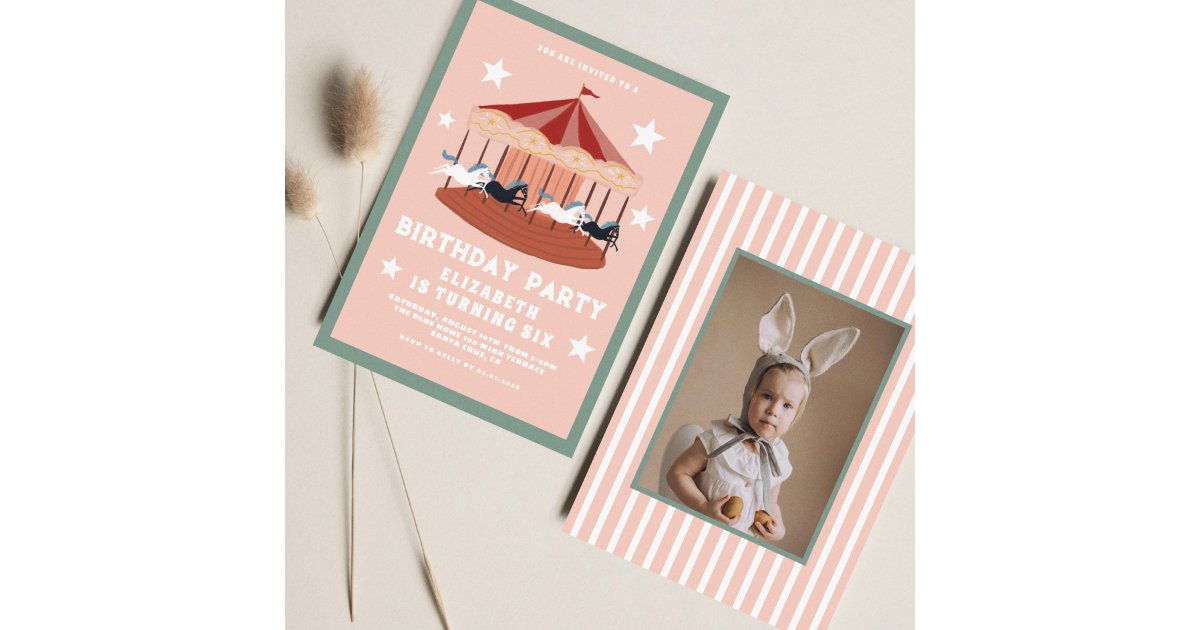 Pink Carousel Circus Photo Girl Birthday Invitation | Zazzle