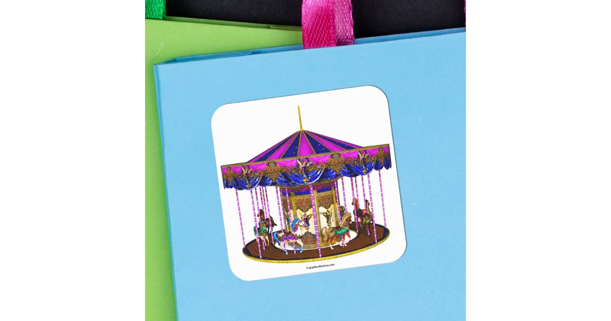 Pink Carousel Square Stickers | Zazzle
