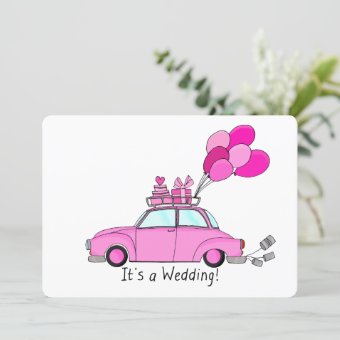 Pink Cartoon car Wedding Invitation | Zazzle