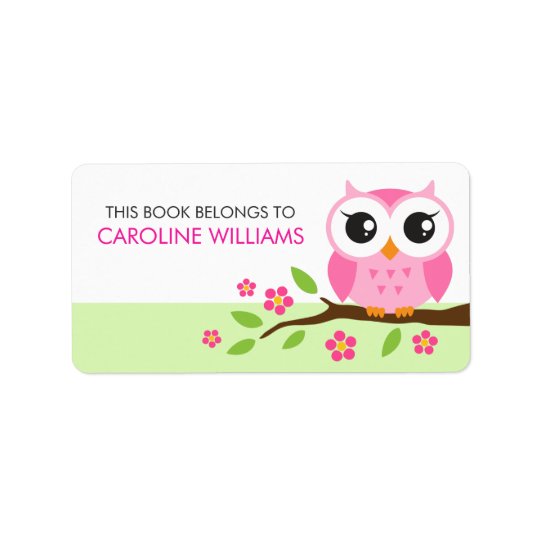 Pink cartoon owl on branch bookplate book label | Zazzle.com