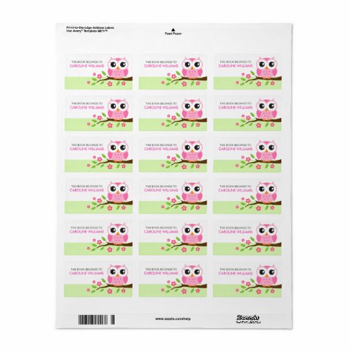 Pink cartoon owl on branch bookplate book label | Zazzle