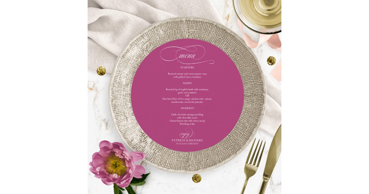 Pink Cassis Elegant Round Wedding Menu | Zazzle