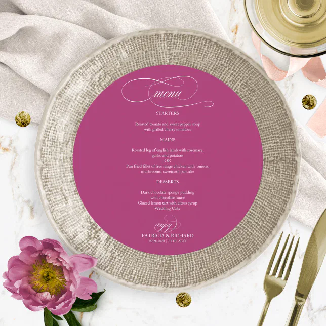 Pink Cassis Elegant Round Wedding Menu | Zazzle