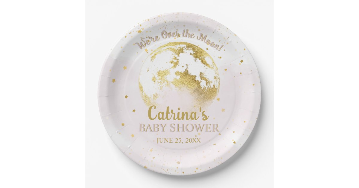 Pink Celestial Over the Moon and Stars Baby Shower Paper Plates | Zazzle