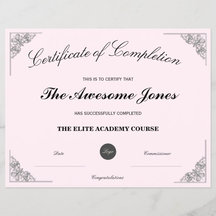 Pink Certificate of Completion with Custom Logo | Zazzle