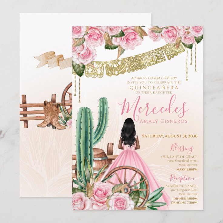 Pink Charro Western Floral Beautiful Cacti Quince Invitation | Zazzle