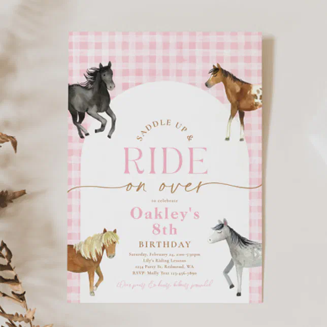 Pink Check Horse Birthday Invitation | Zazzle