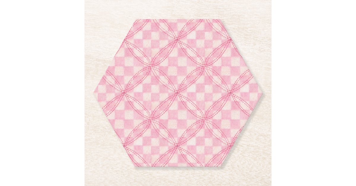 PINK CHECK QUILT Hexagon Paper Coasters | Zazzle