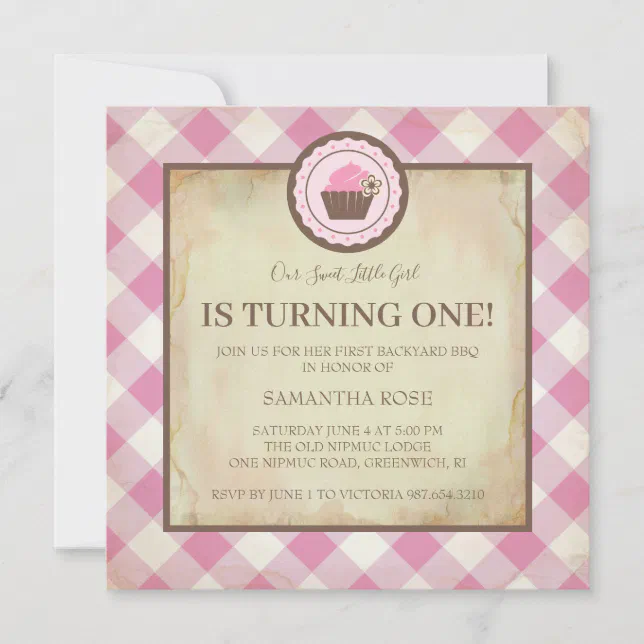 Pink Checker and Cupcake Birthday BBQ Invitation | Zazzle