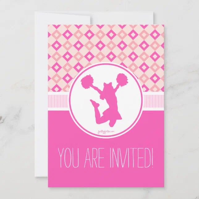 Pink Checkered Diamonds Cheer/Pom Party Invitation | Zazzle