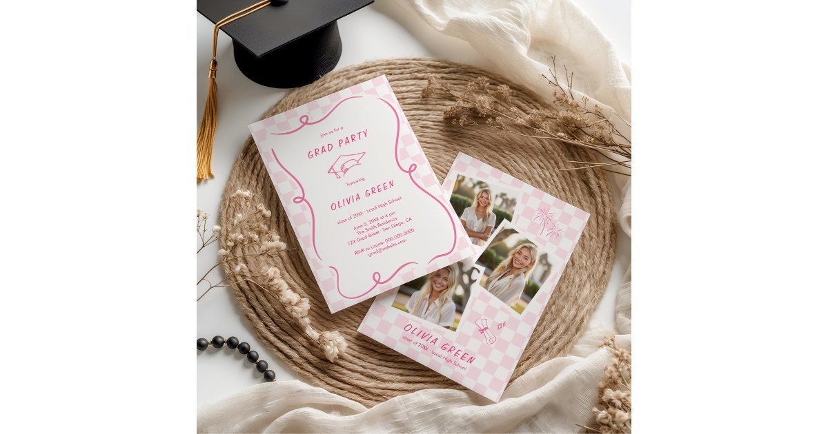 Pink Checkered Squiggle Frame Graduation Invitation | Zazzle