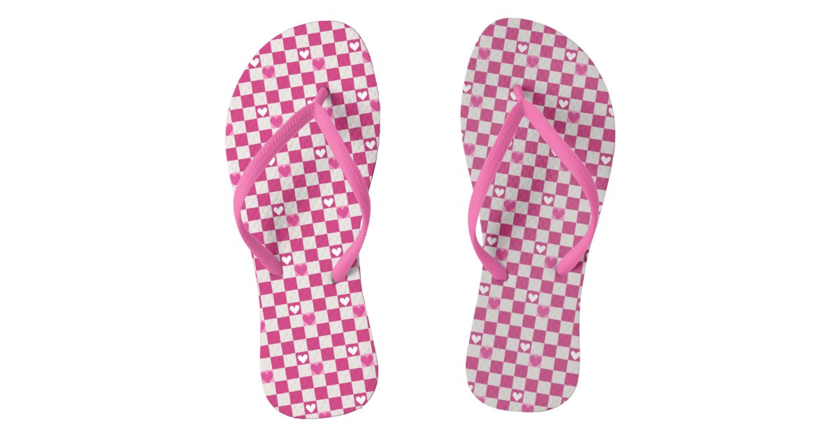 Pink Checkers & Hearts Flip Flops | Zazzle