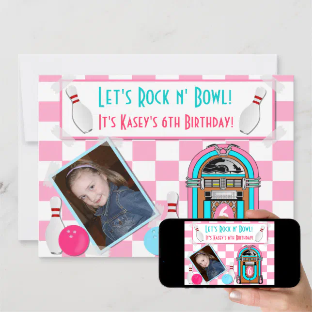 Pink Checkers Rock And Bowl Bowling Birthday Party Invitation | Zazzle