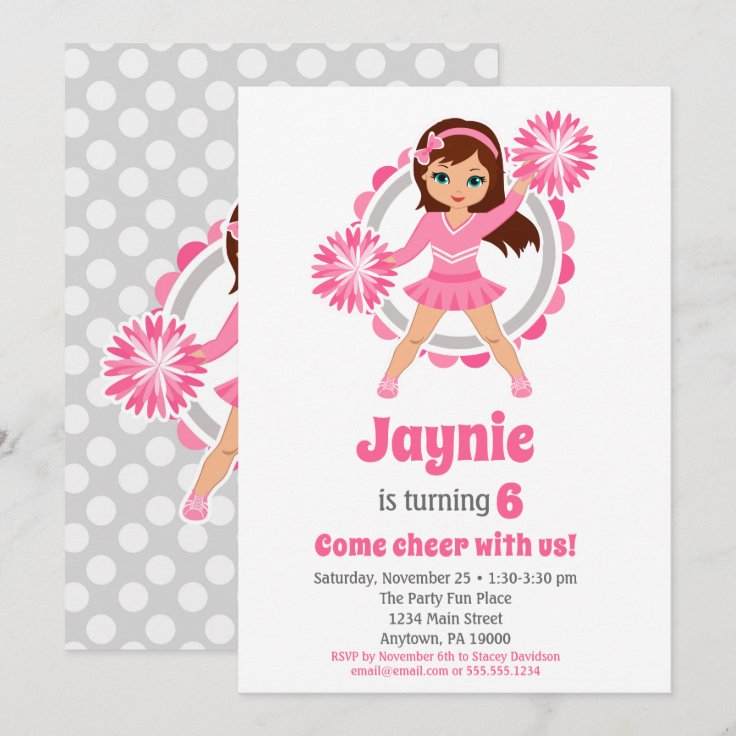 Pink Cheerleader - Brunette Girls Cheer Birthday Invitation | Zazzle