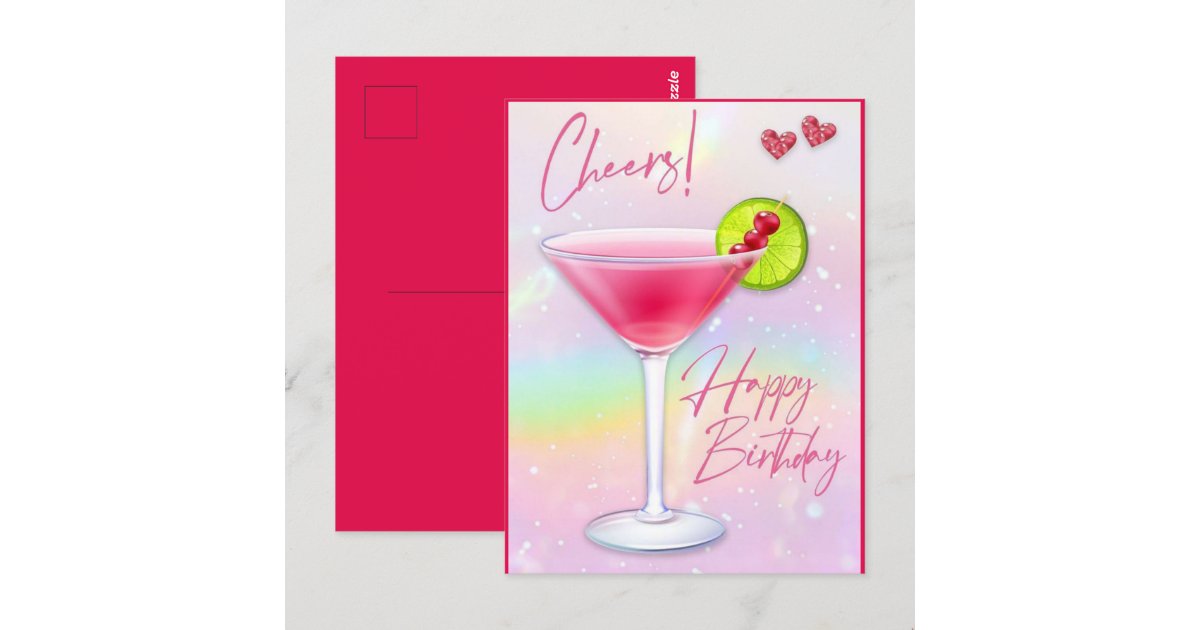 Pink Cheers Happy Birthday Greeting Post Card | Zazzle