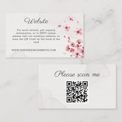 Pink cherry blossom floral QR code wedding website Enclosure Card | Zazzle