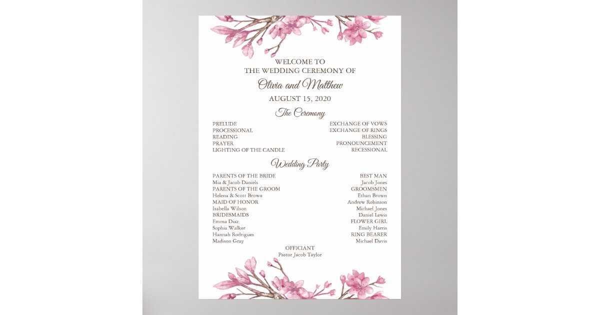 Pink cherry blossom. Floral wedding Program Poster | Zazzle